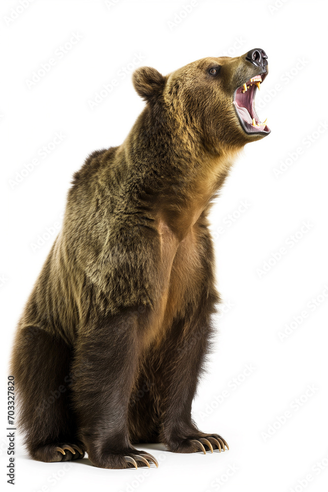 Majestic brown grizzly bear caught mid-roar, displaying its powerful teeth, embodying wilderness ...
