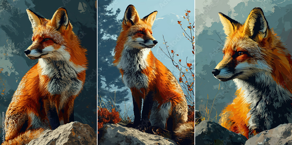 Striking full body poses of of a fox in colorful background settings ...