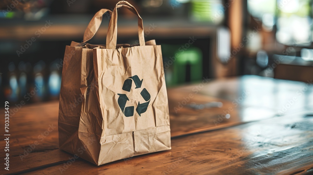A brown paper bag featuring a prominent green recycle symbol ...