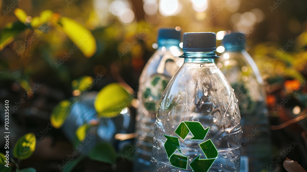 A clear plastic bottle with a green recycling symbol prominently ...