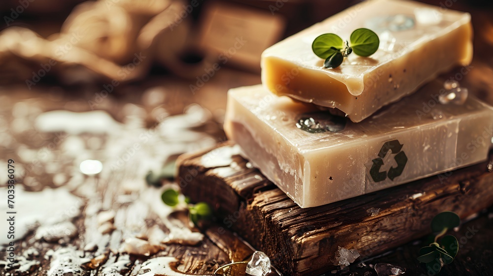 An eco-friendly bar of soap embossed with the universal recycling ...