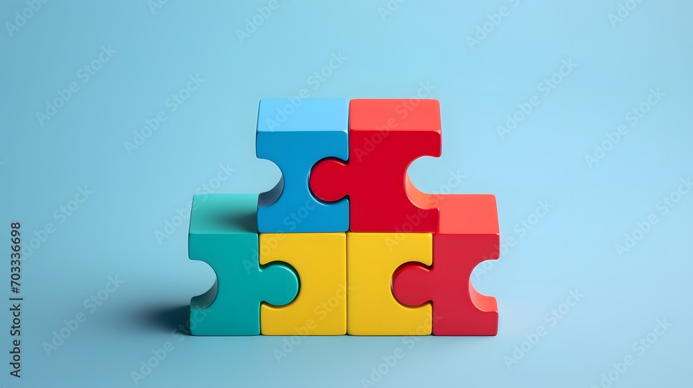 Four jigsaw puzzle blocks different colors are put together perfect ...
