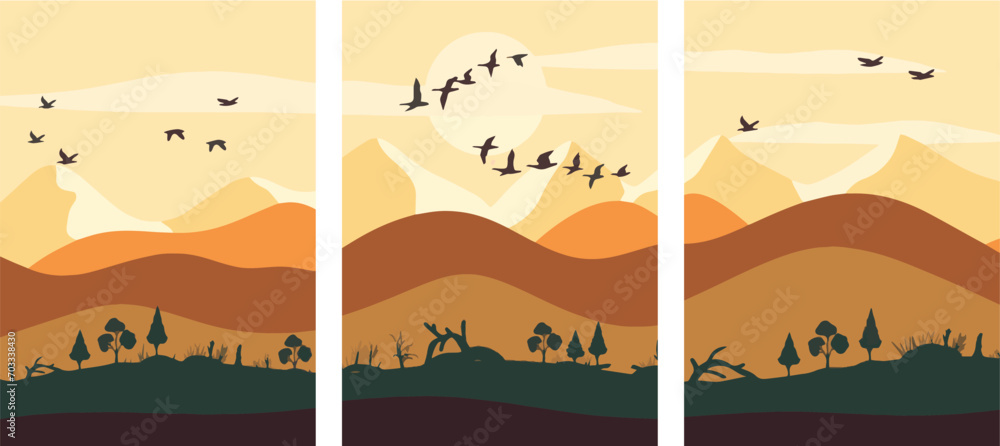 Vector illustration of wild nature mountain sun tree. Horizontal banner ...