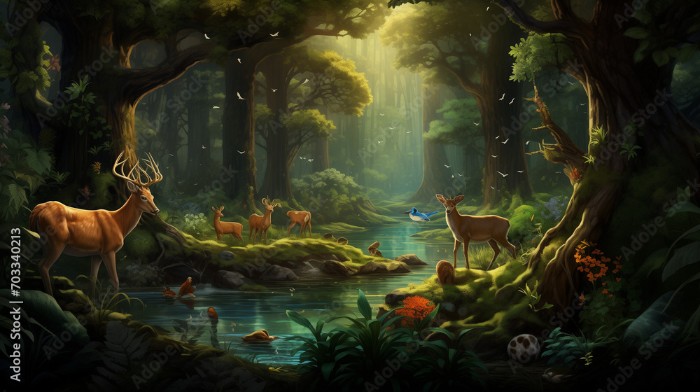 Forrest background with wildlife animals Stock Illustration | Adobe Stock