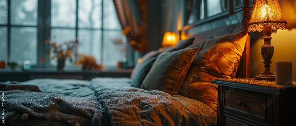 The lens captures the plush pillows in a luxurious bedroom in a ...