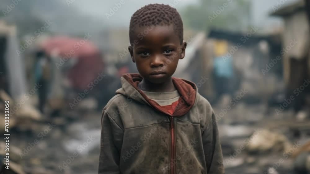 Little unprivileged boy look camera. Slum background gloomy weather ...