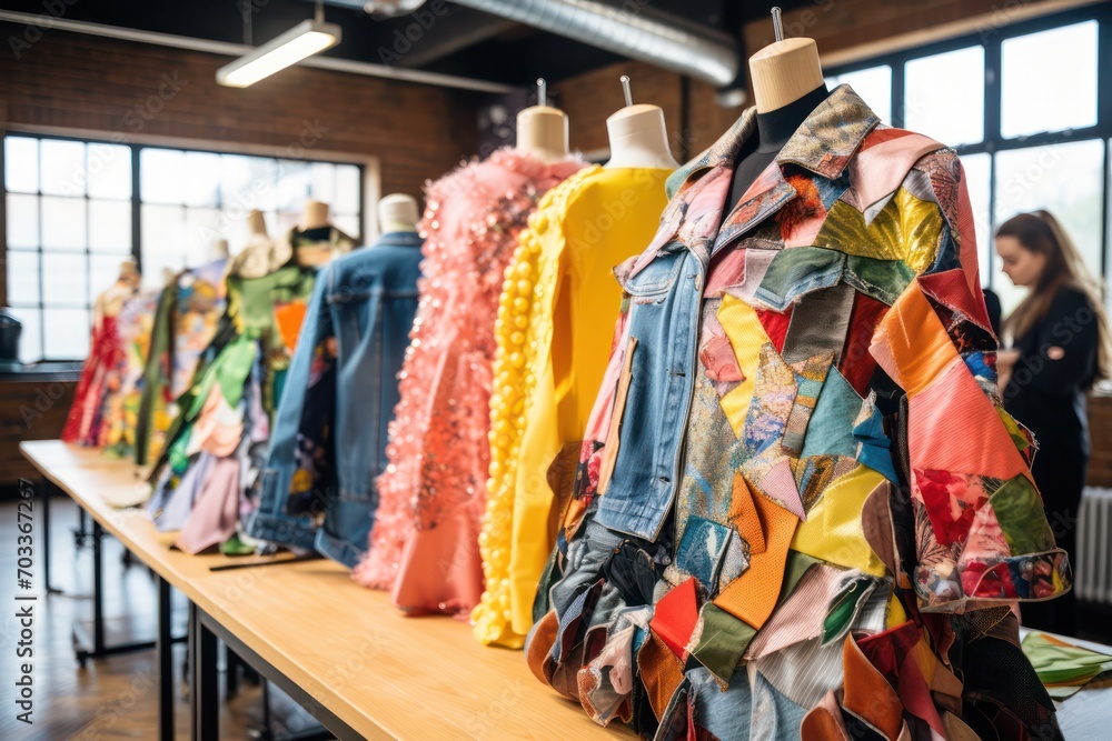 colorful upcycled clothes on mannequins at atelier holding upcycling ...