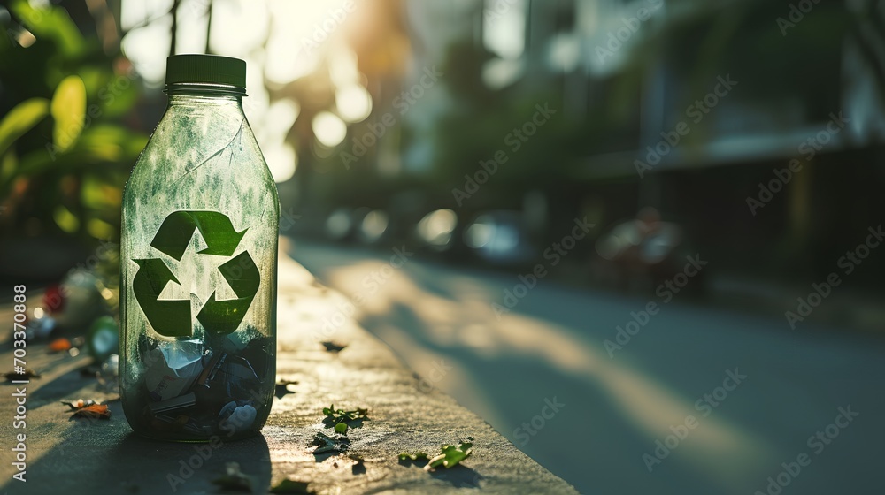 A clear glass jar with a green recycling symbol emblazoned on it ...