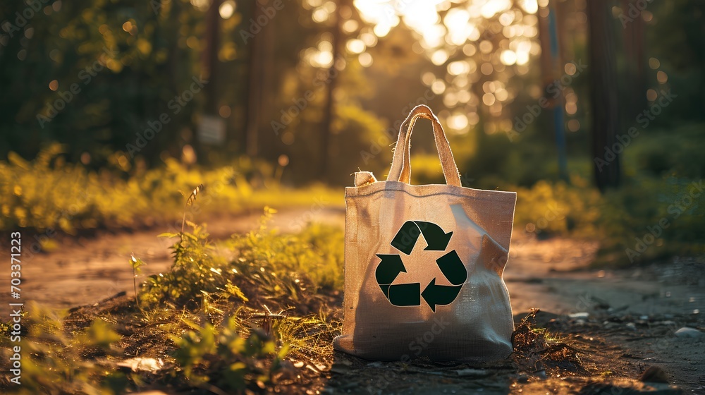 An eco-friendly cotton tote bag emblazoned with the universal recycling ...