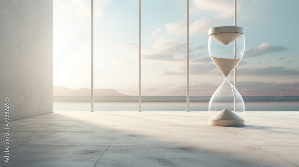 an hourglass sitting in front of a window with a view of a body of ...