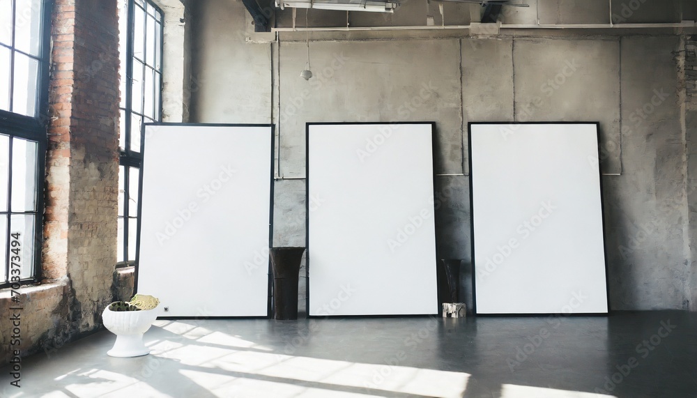 three blank white posters in a stylish loft interior harmoniously ...