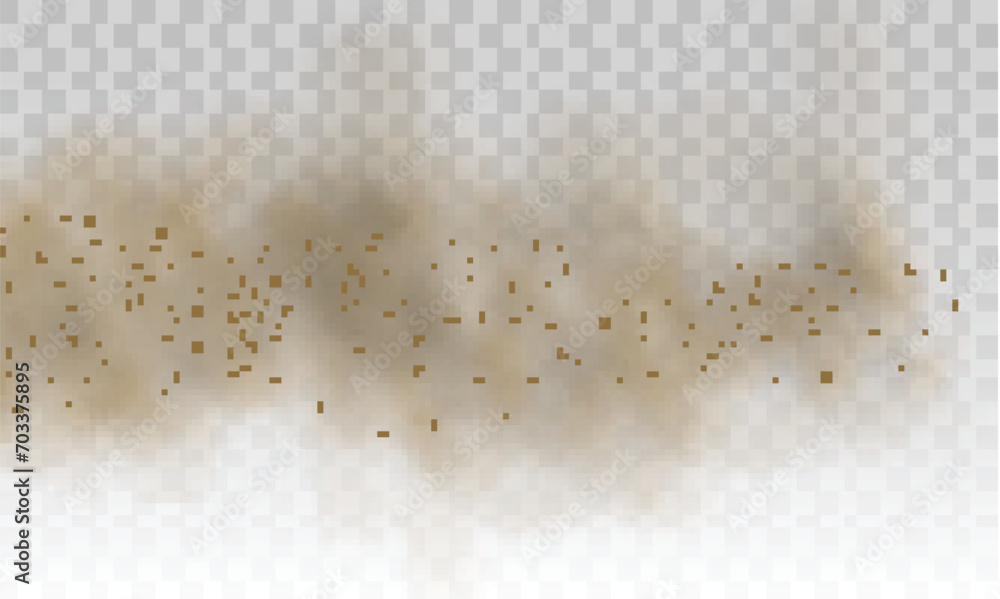 Flying sand. brown dusty cloud or dry sand flying with a gust of wind ...