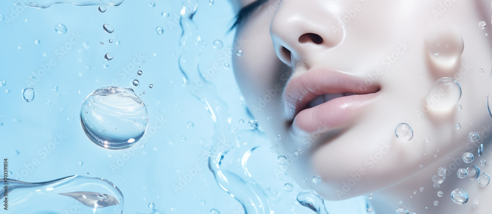 Beautiful young woman's face with glowing and hydrated skin. There are ...