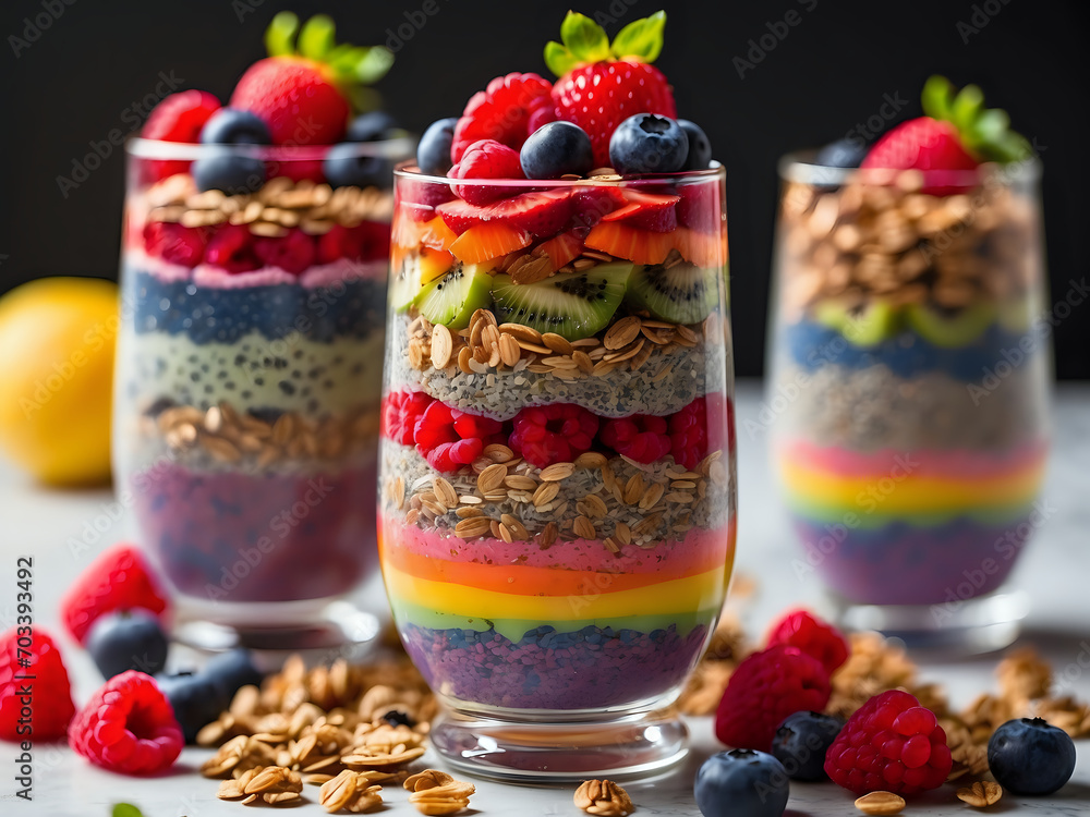 Layers of chia pudding in a rainbow of colors, separated by fresh fruit ...