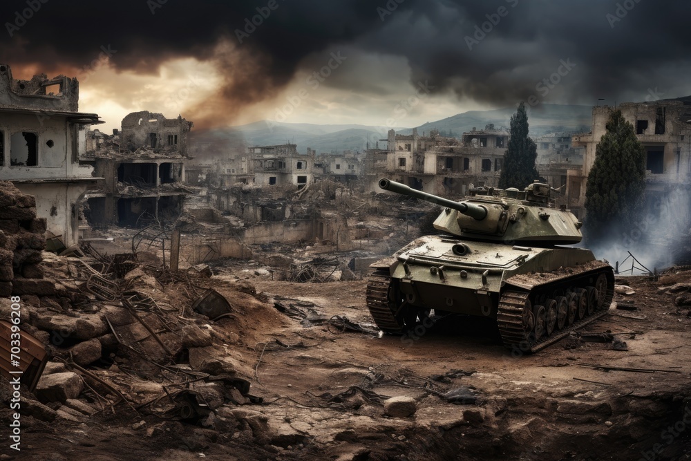 City in ruins: Tanks amidst the wreckage of collapsing buildings ...