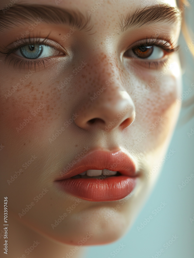 close up model's face with heterochromia . One eye is brown and another ...