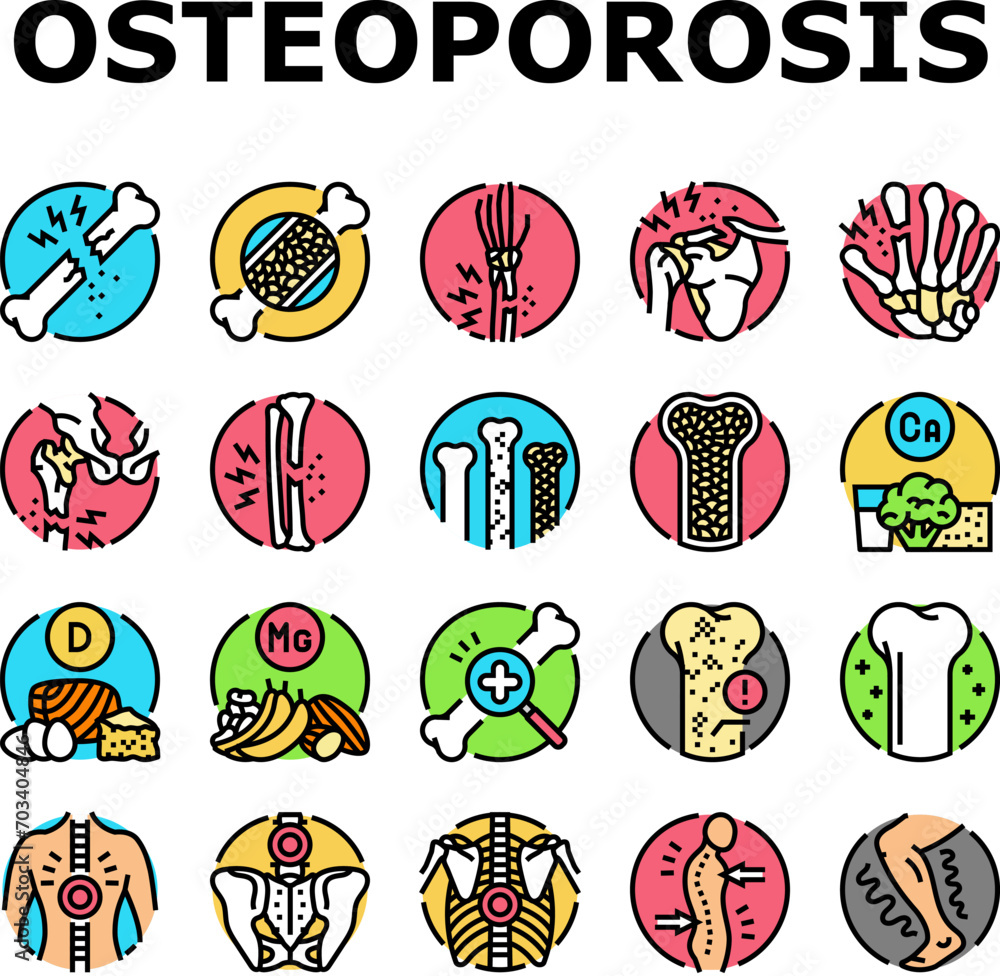 osteoporosis bone pain calcium icons set vector. health anatomy, spine ...