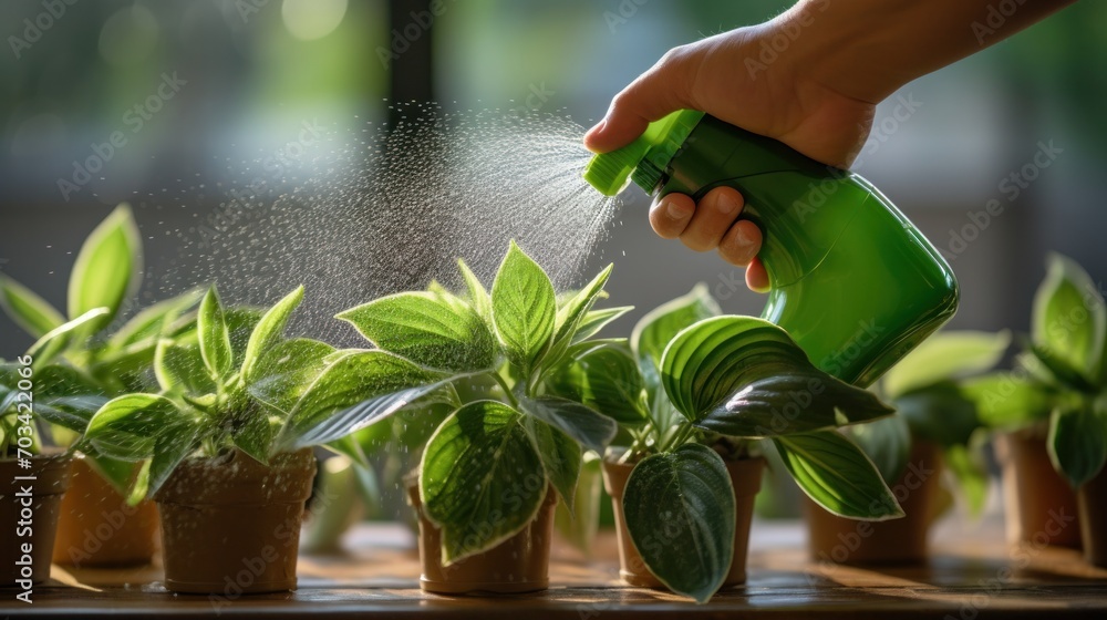 Water mist from a green spray bottle nourishes indoor plants, blending ...