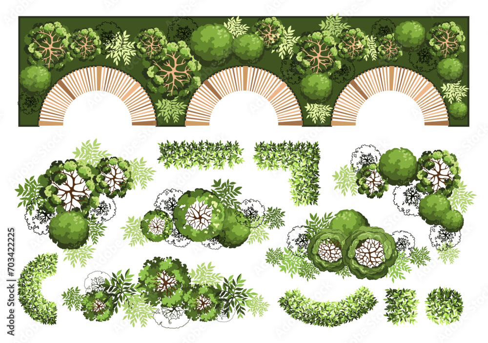 Top view elements for the landscape design plan. Trees and benches for ...