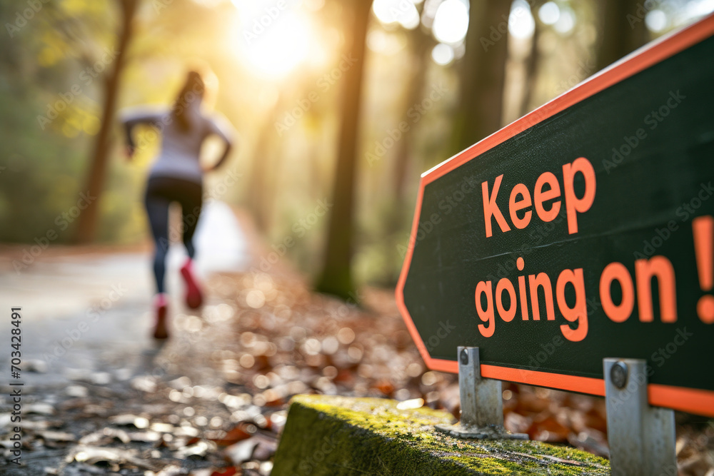 Keep going on concept image with sign with written words keep going on and person running on the ...