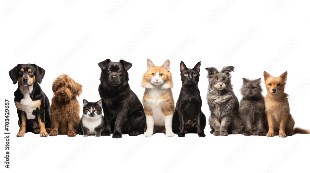 Large group of cats together in a row looking at the camera isolated on ...