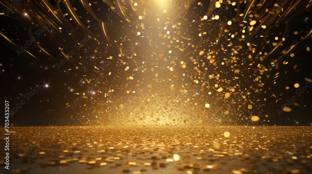 a golden confetti shower on a festive stage with a central light beam ...