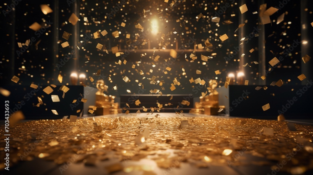 a golden confetti shower on a festive stage with a central light beam ...