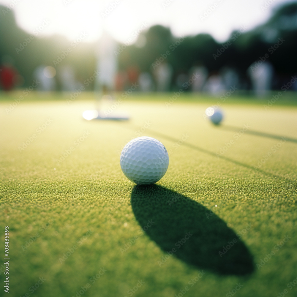 Zoomed in view of a golf ball on a putting green during a golf ...