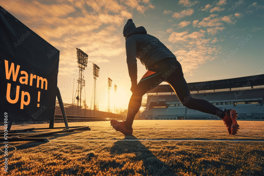 Warm-up concept image with a sportsman on his warmup in an empty ...