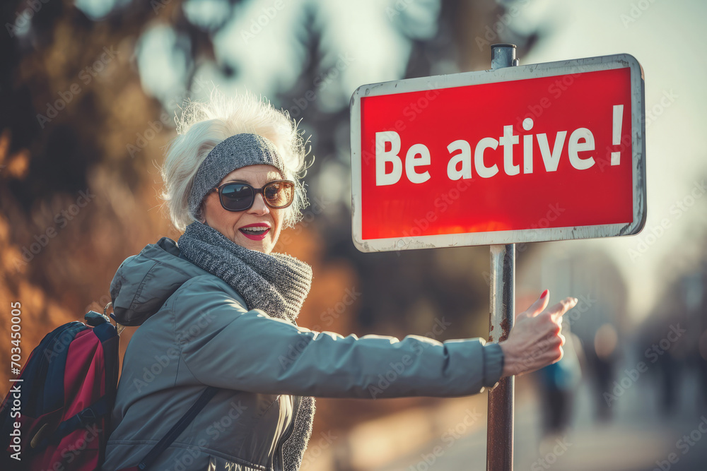 Be active concept image with an old elder active woman and board sign ...