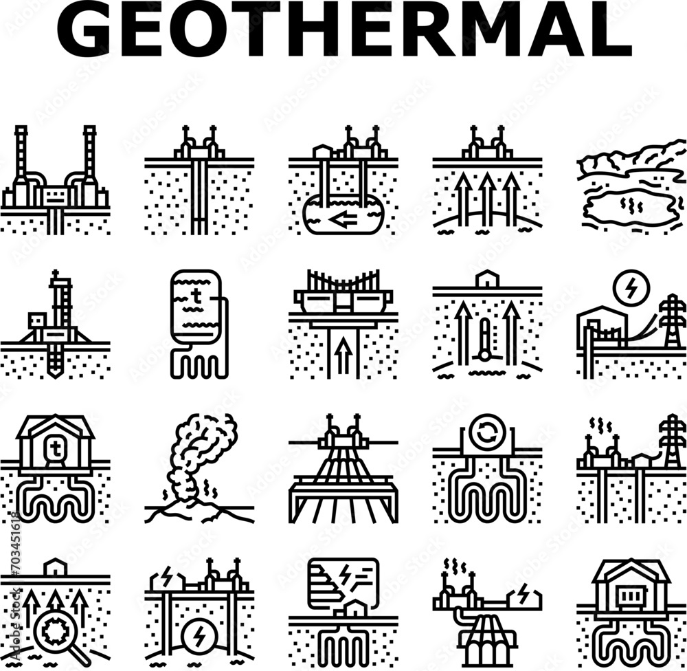 geothermal energy power plant icons set vector. green generator, heat ...