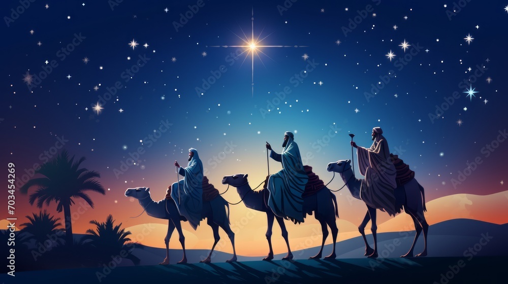 Three wise men on camels: nativity scene with star of bethlehem ...