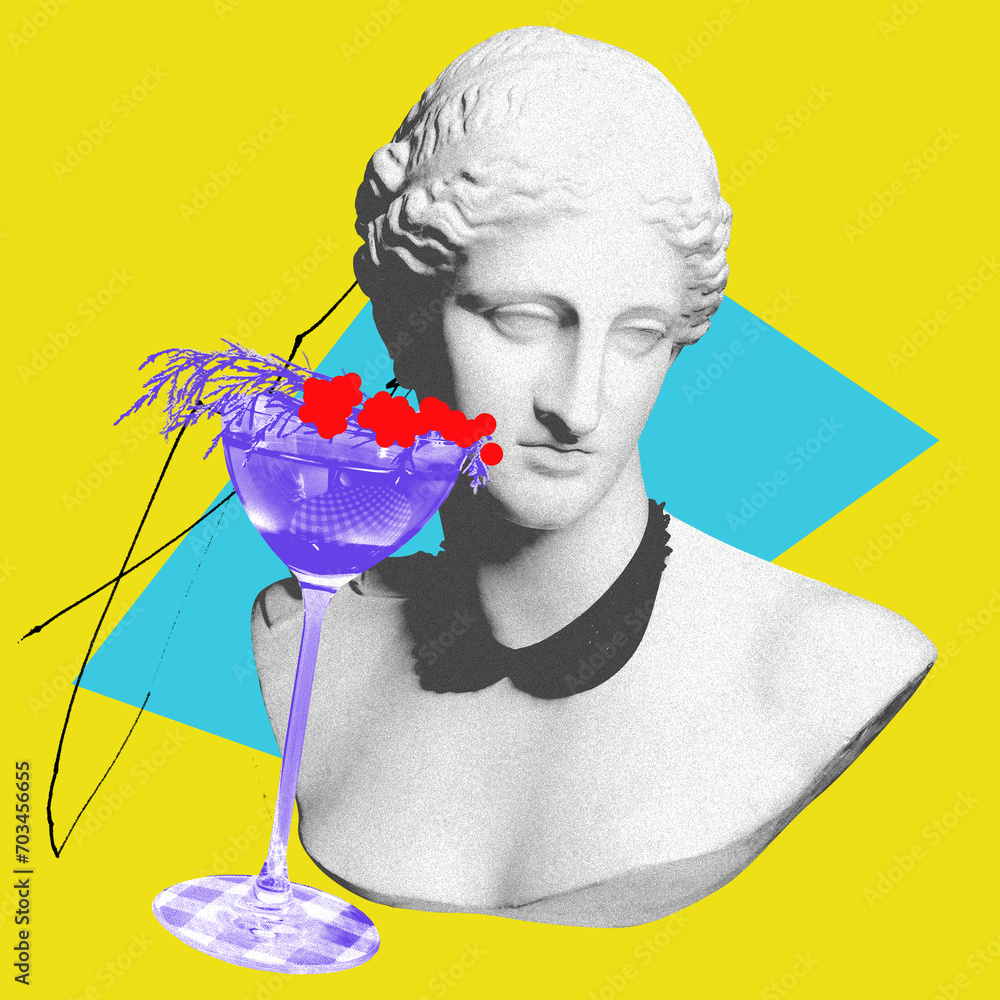 Female antique statue bust and sweet and sour drink, cocktail over ...