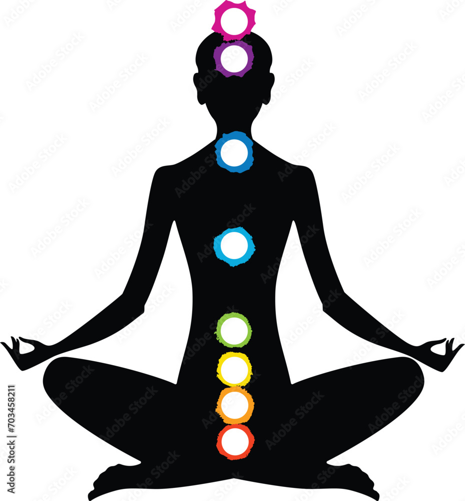 Female body in lotus position with colored circles of chakras as a ...