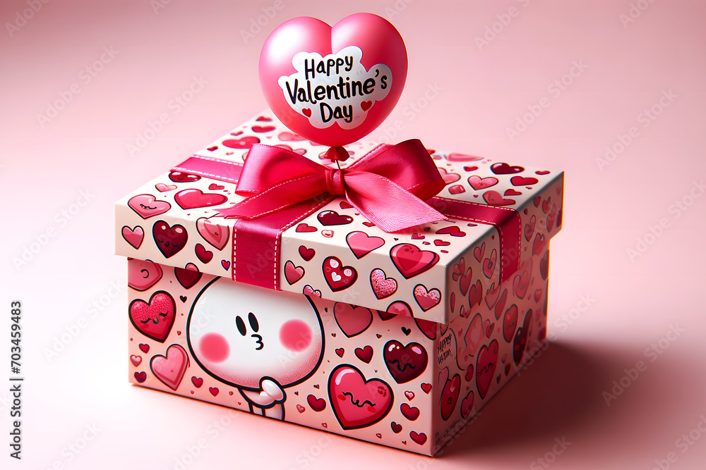 Valentine's Day gift box design with cartoon hearts and kisses in pink ...