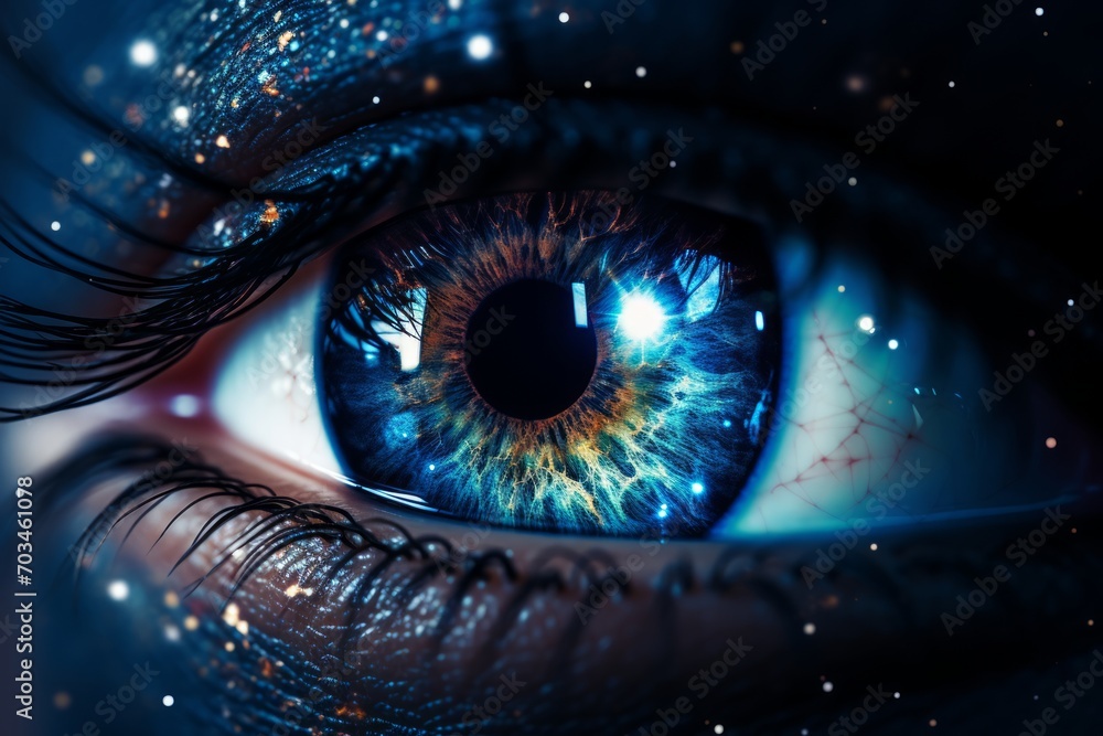 Human eye in double exposure with star nebula, extreme close up ...