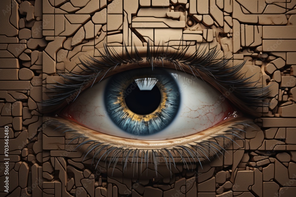 Conceptual art with human eye embedded in a wall. Concepts: psychology ...