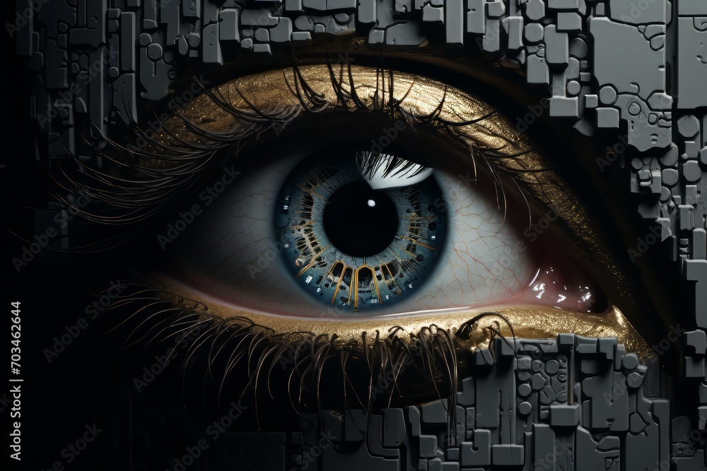 Conceptual art with human eye embedded in a black wall. Concepts ...