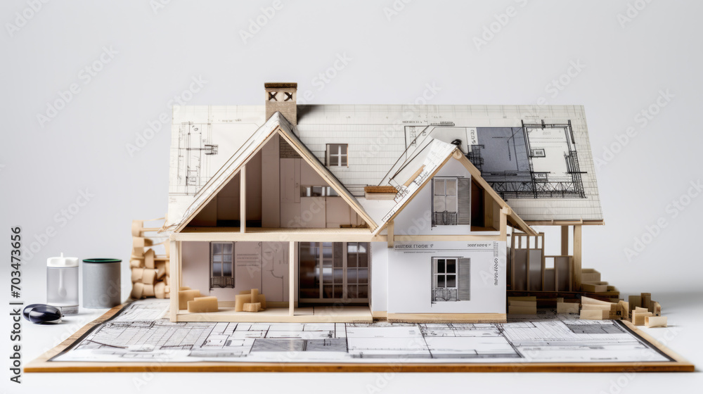 Detailed architectural model of a house with exposed wooden beams on ...