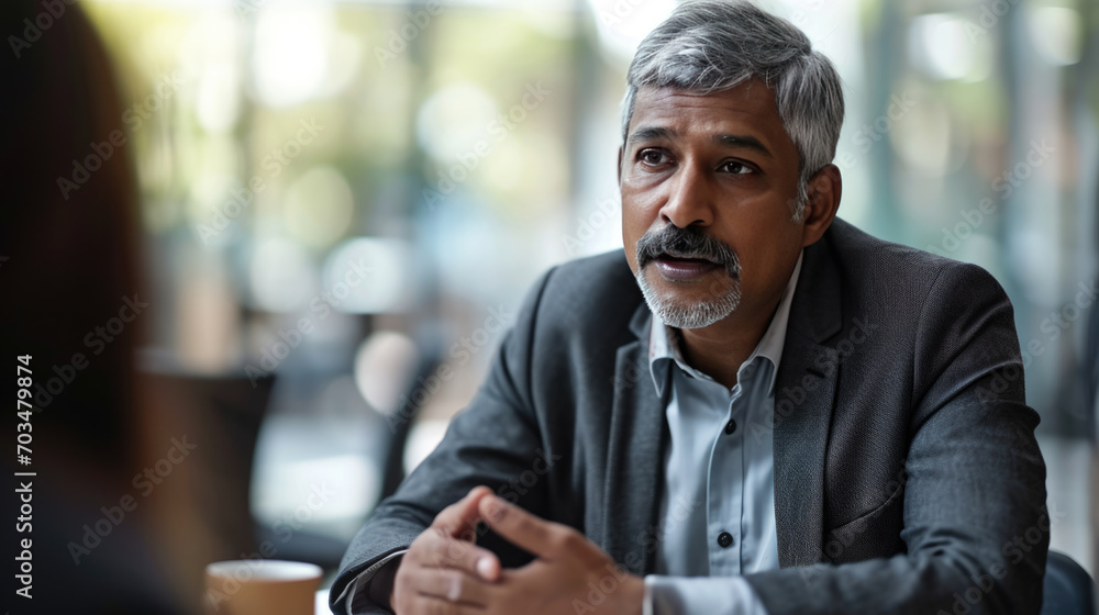 Man in a conversation, gesturing with his hands while speaking to an ...