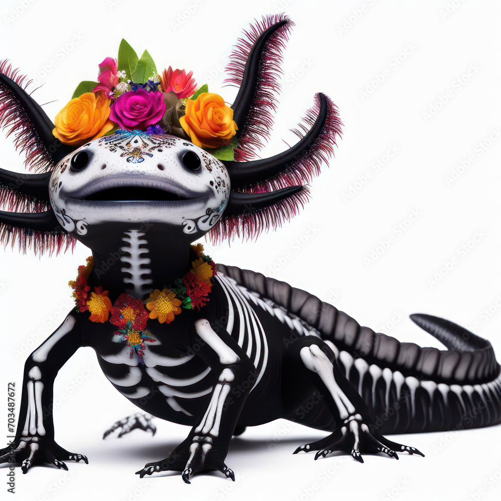 Axolotl, ambystoma mexicanum, catrina mexican skull, Day of the dead ...