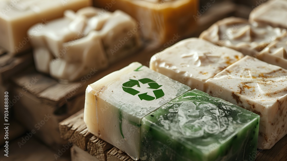 A bar of eco-friendly soap engraved with the recycling symbol ...