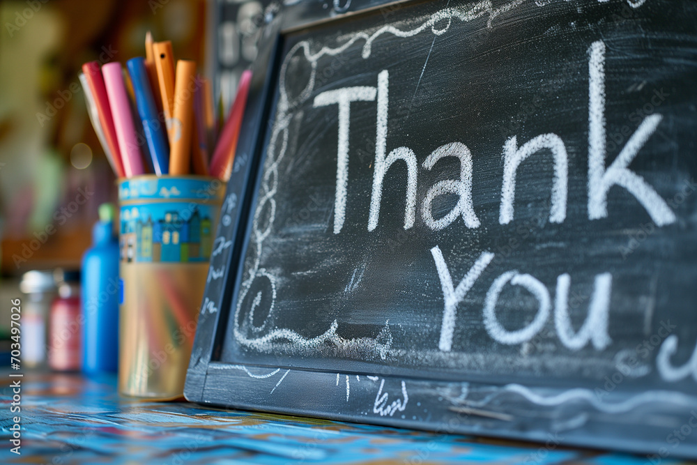 "Thank you" written on a blackboard in a classroom. Great for ...