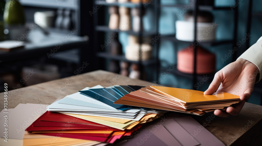 Interior designer looking at color swatch for creating project. House ...