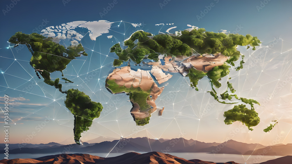 Polygonal mesh network map of world of lines and points, dots and ...