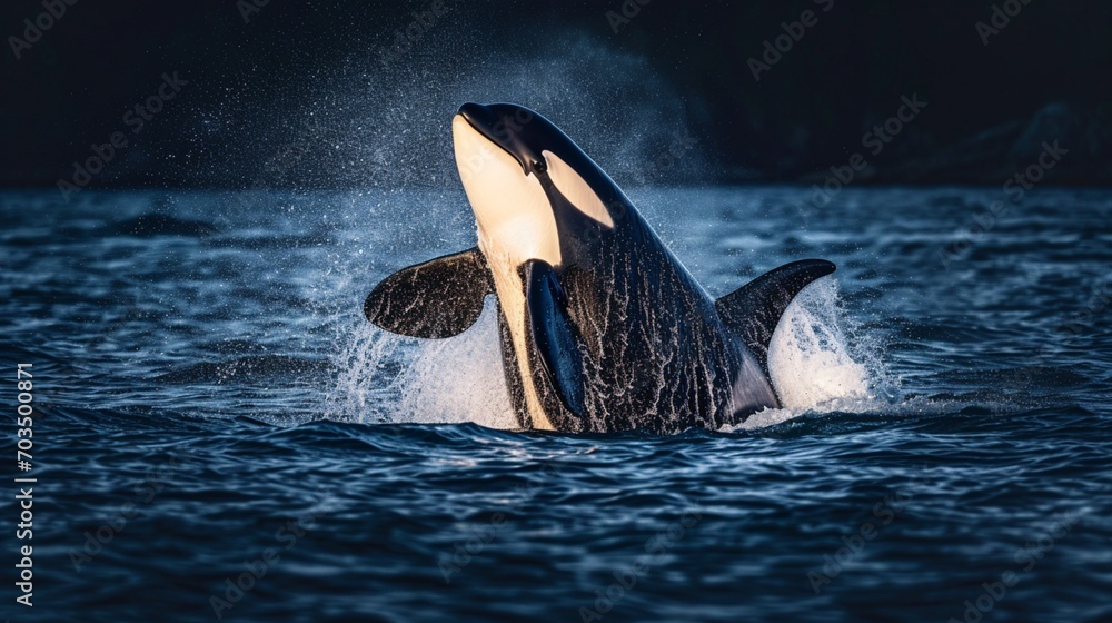 dolphin jumping out of water, Illuminate the scene of an orca breaching ...