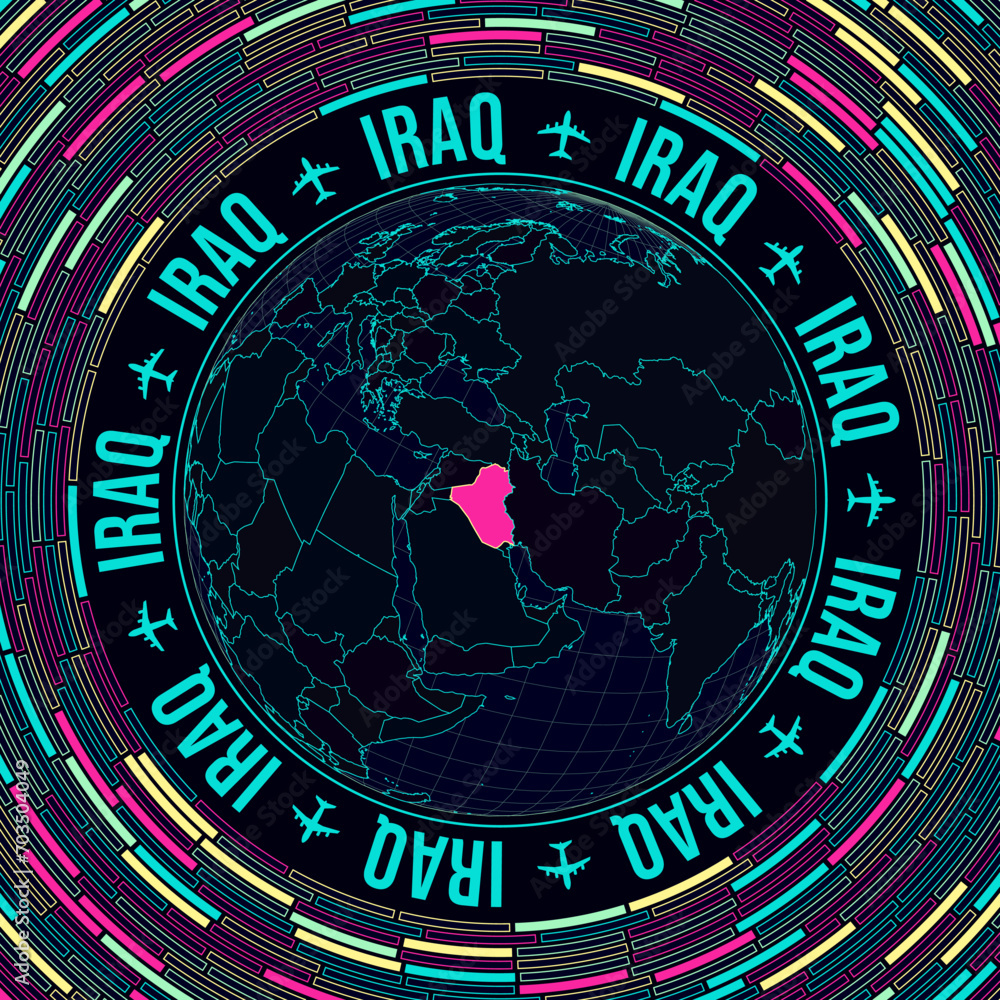 Iraq on globe. Satelite view of the world centered to Iraq. Bright neon ...