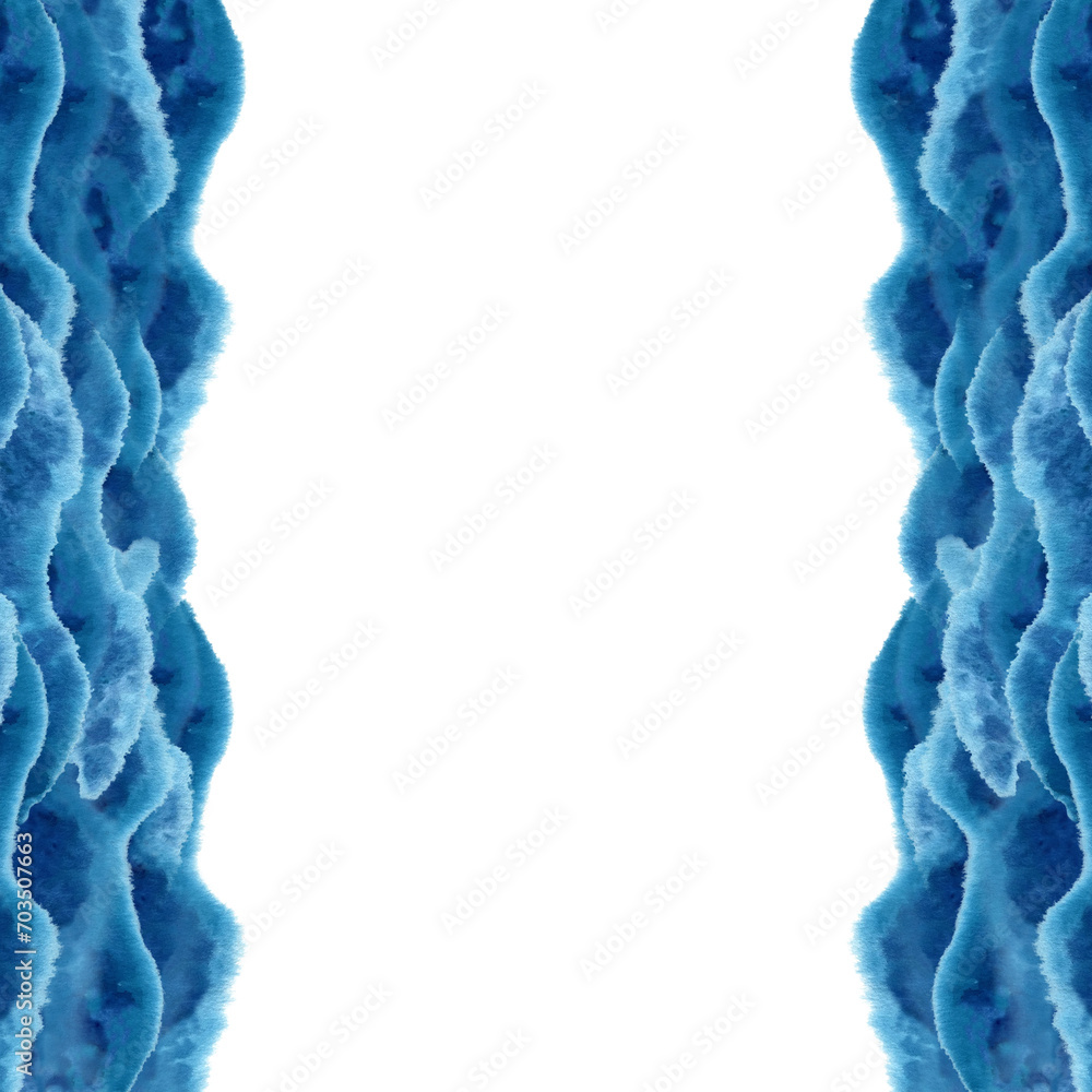 Watercolor blue border for the image of the sea, waves, sky, clouds ...