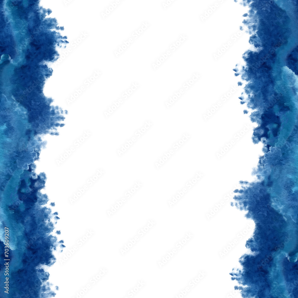 Watercolor blue border for the image of the sea, waves, sky, clouds ...