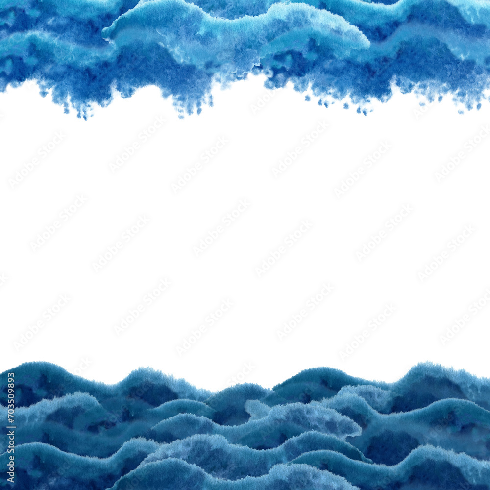 Watercolor blue border for the image of the sea, waves, sky, clouds ...